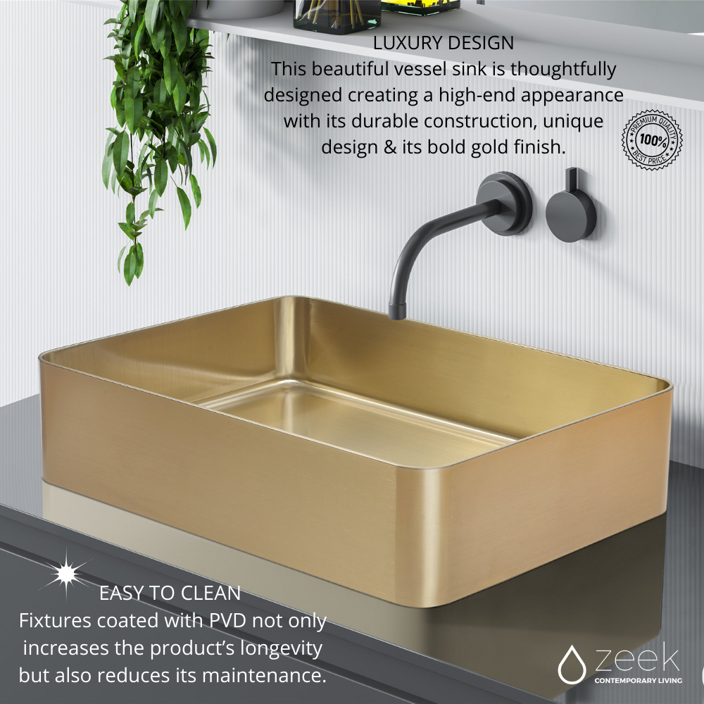 Zeek 18”x13” Gold Rectangular Vessel Bathroom Sink Steel PVD ZN-G183