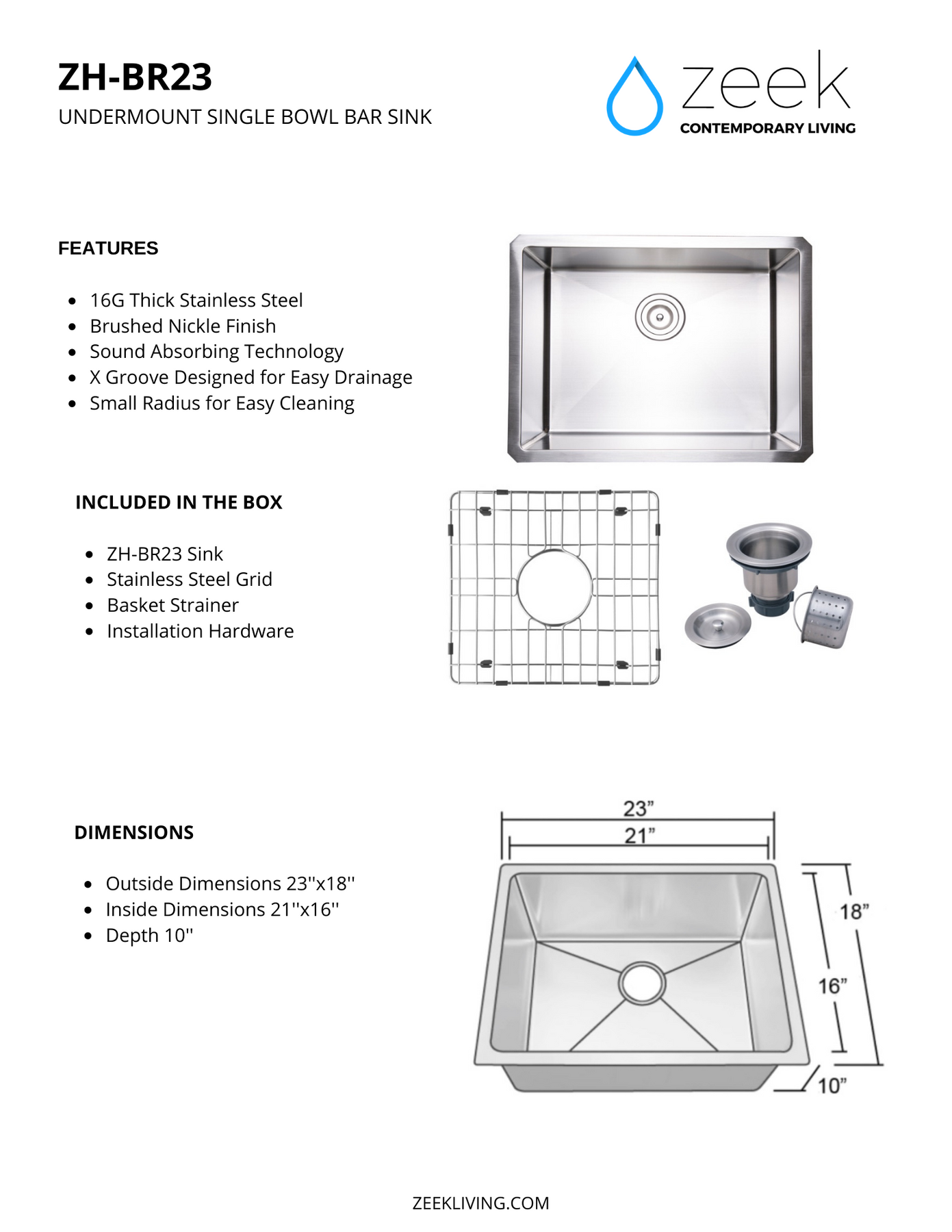 Zeek 23" Small Radius Undermount / Drop-In Bar / Kitchen Sink ZH-BR23