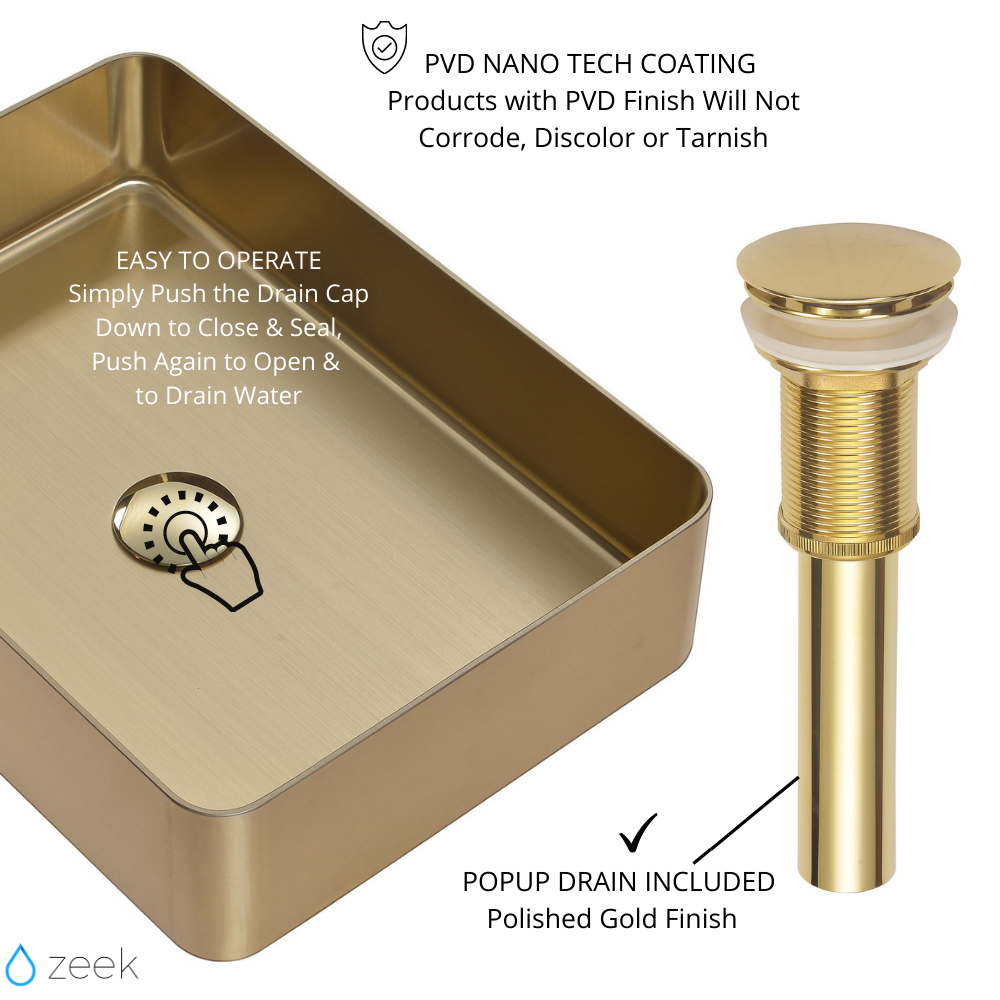 Zeek 18”x13” Gold Rectangular Vessel Bathroom Sink Steel PVD ZN-G183